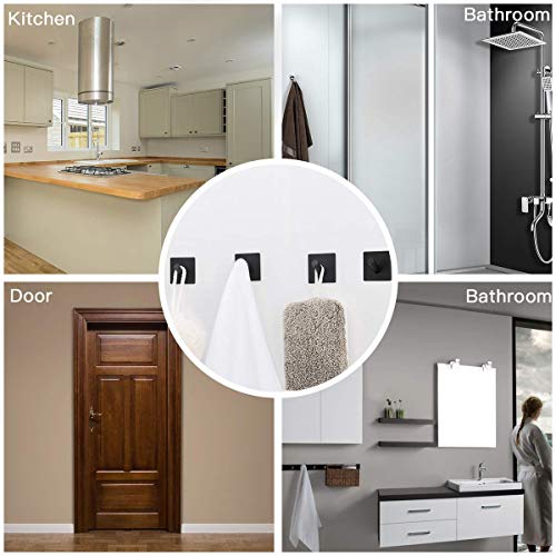 Celbon 4PC Self Adhesive Bath Towel Hook Black Sticky Stainless Steel Robe Hooks Heavy Duty Door Hooks for Bathrooms,Kitchen,Lavatory Closet (Square, 2PC)