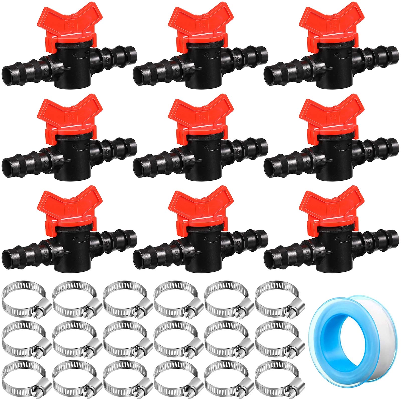 Irrigation Fitting Kit 9 Pieces Drip Irrigation Switch Valve Gate Valves Irrigation Barbed Connectors with Shut-Off Valve and 18 Stainless Steel Clamps and Roll Tape for 1/2 Inch Irrigation Tubing