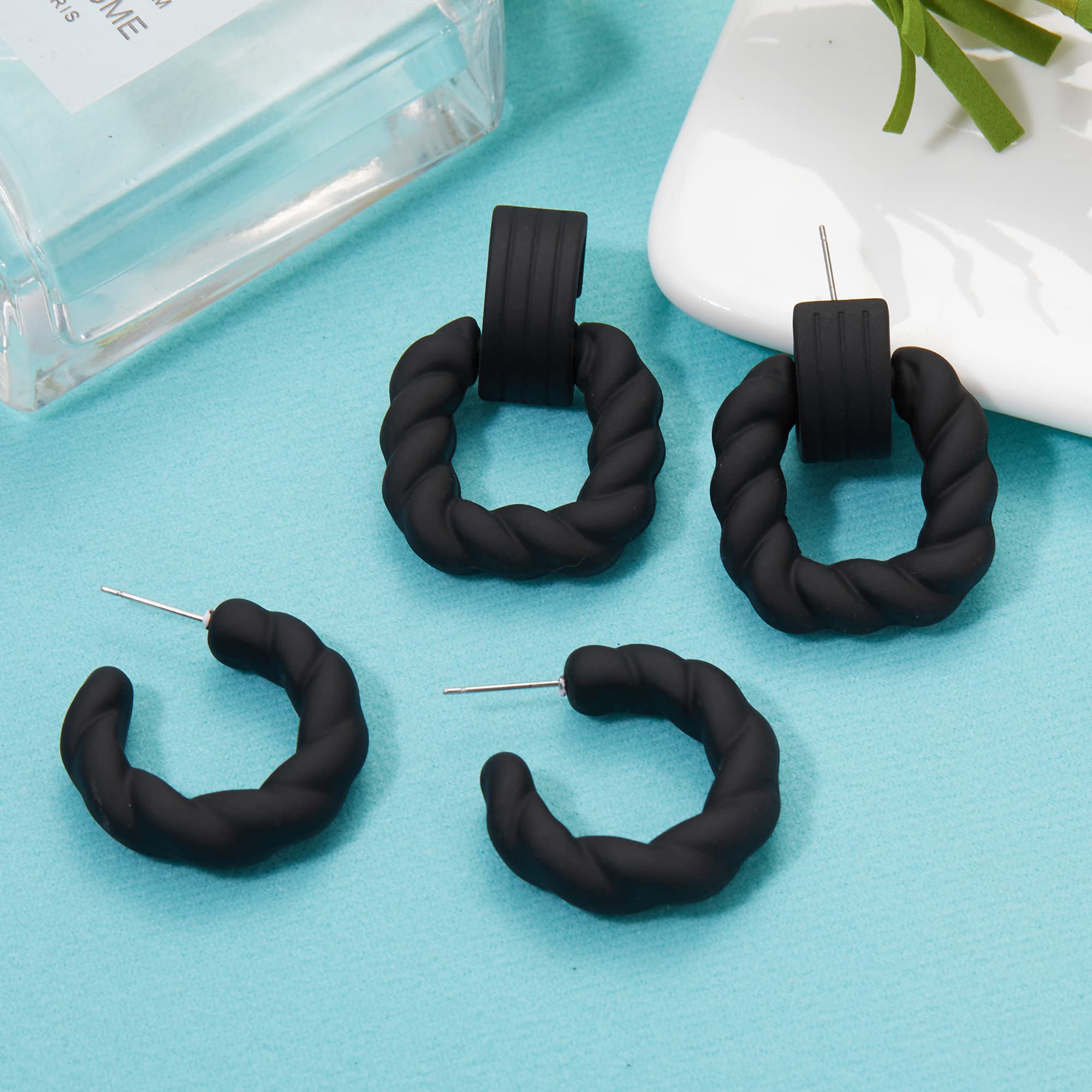 2Pairs Twisted Rope Round Rectangle Earrings For Women Acrylic Square C Shape Statement Earrings Candy Hoop Earrings (2Pair Orange)