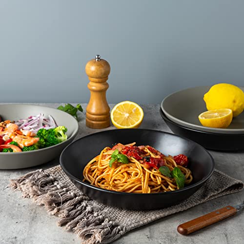 AmorArc 9.5'' Stoneware Pasta Bowls, 38oz Large Wide Salad Serving Bowls Set of 4 for Pasta Salad Snacks Bread Meal, Microwave Safe Flat bowls for Kitchen, Matte Black