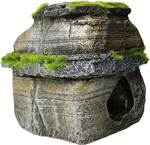 PINVNBY Aquarium Rock Cave, Hollow Fish Tank Ornament, Betta Hiding Hut Resin Mountain Landscape with Moss for Shrimps Guppies Cichlids Playing Resting