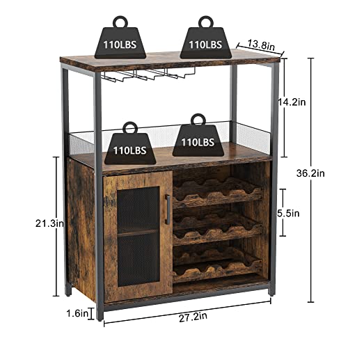 Amyove Wine Bar Cabinet with Detachable Rack, Glass Holder, Small Sideboard and Buffet Mesh Door, Rustic Brown
