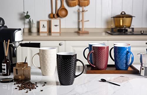 AmorArc Extra Large Coffee Mugs Set of 6, 22oz Ceramic Tall Coffee Mugs Set with Textured Geometric Patterns for Coffee/Tea/Beer/Hot Cocoa, Dishwasher & Microwave Safe,Beige