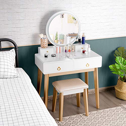 CHARMAID Vanity Set with Touch Screen Dimming Mirror, 3 Color Lighting Modes, Dressing Table with 4 Sliding Drawers, Modern Bedroom Makeup Table and Cushioned Stool Set for Women Girls (White)