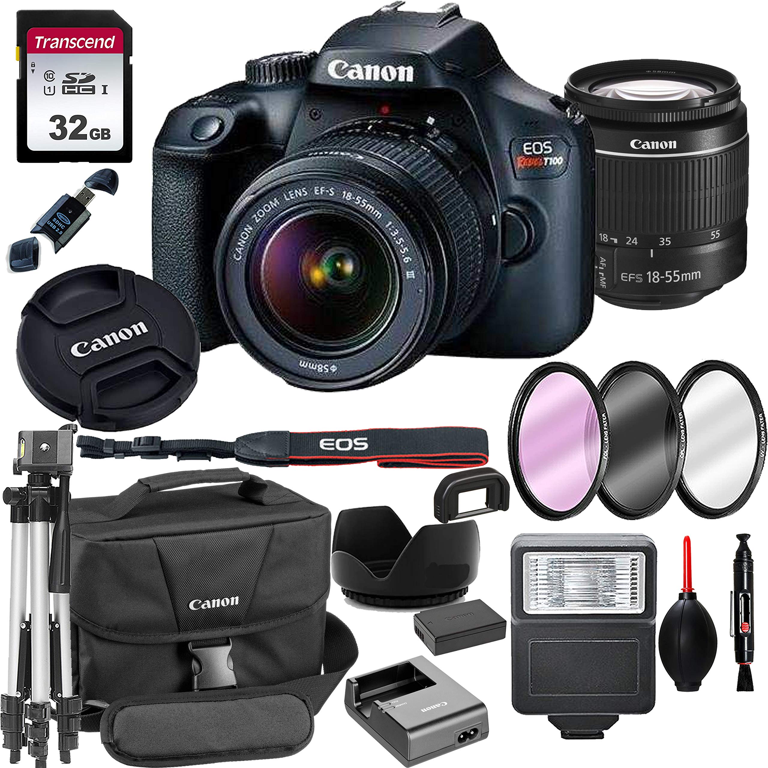 Canon T100 Rebel DSLR Camera with 18-55mm f/3.5-5.6 Zoom Lens + 32GB Card, Tripod, Flash, and More (18pc Bundle)