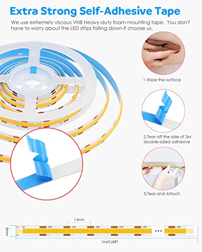 Aclorol USB COB LED Strip Lights Warm White Led TV Backlight 5V 1M 3.28FT 320Leds 3000K CRI85+ FCOB COB Flexible Lights with 1M USB Powered for Bedroom Under Cabinet Kitchen DIY Lighting Project