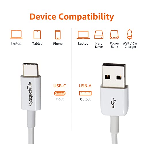 Amazon Basics USB Type-C to USB-A 2.0 Male Charger Cable, 6 Feet (1.8 Meters), White, Laptop