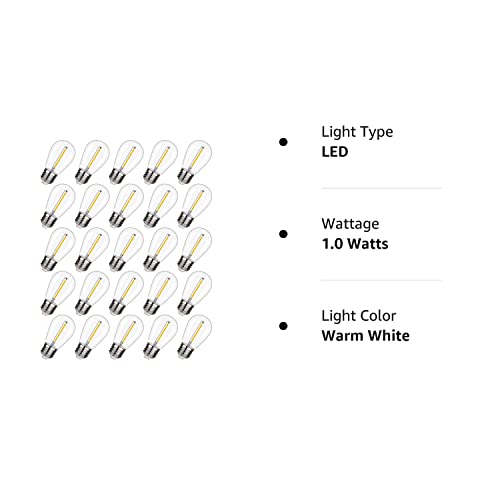 25 Pack EMITTING Shatterproof & Waterproof S14 Replacement LED Light Bulbs –1W Equivalent to 10W, White Warm 2200K Outdoor String Lights Vintage Filament Bulb, E26 Base Edison