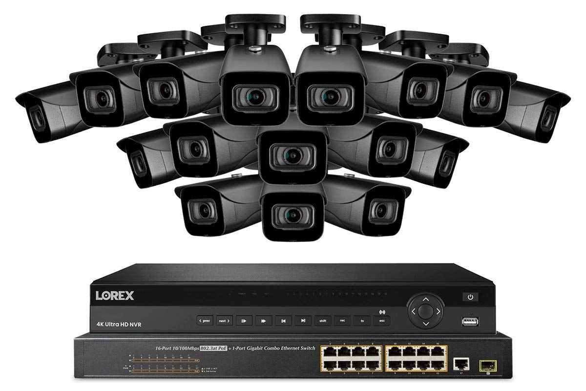 Lorex NC4K8-3216BB 32 Channel 4K Security Camera System with N882A38B 8TB 4K Fusion NVR, 16 Port ACCLPS263B POE Switch and 16 E841CAB 8MP Bullet Cameras