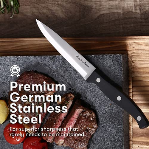 Master Maison 8-Piece 4.5" Premium Steak Knife Set | 8 German Non-Serrated Stainless Steel Kitchen Steak Knives + Storage Gift Box | Anti-Fatigue Ergonomic Full-Tang Triple-Riveted Handle (Black)