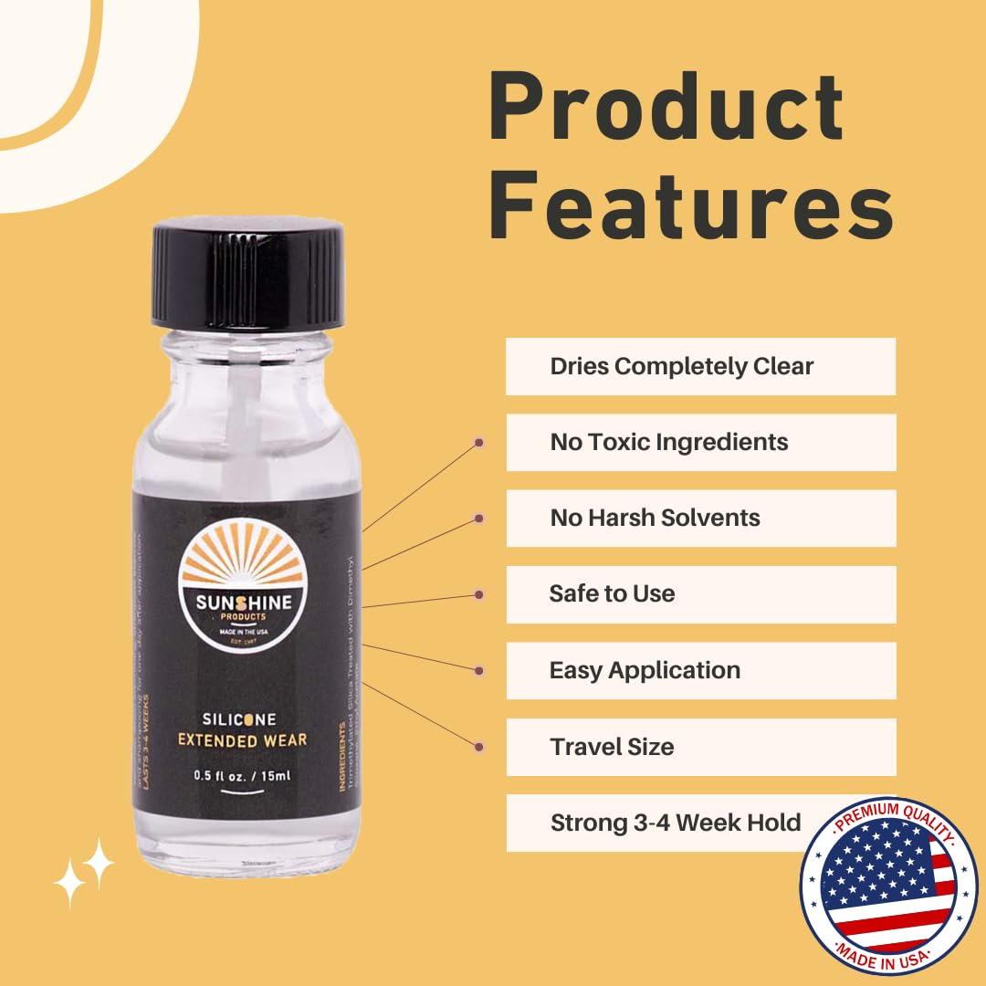 Sunshine Bond Thin Silicone Hair Replacement Adhesive - Extended Hold for Poly and Lace Hairpiece - 3-4 Weeks, Wig, Toupee Systems - Invisible, Waterproof Bonding Glue (.5oz) | Made in USA