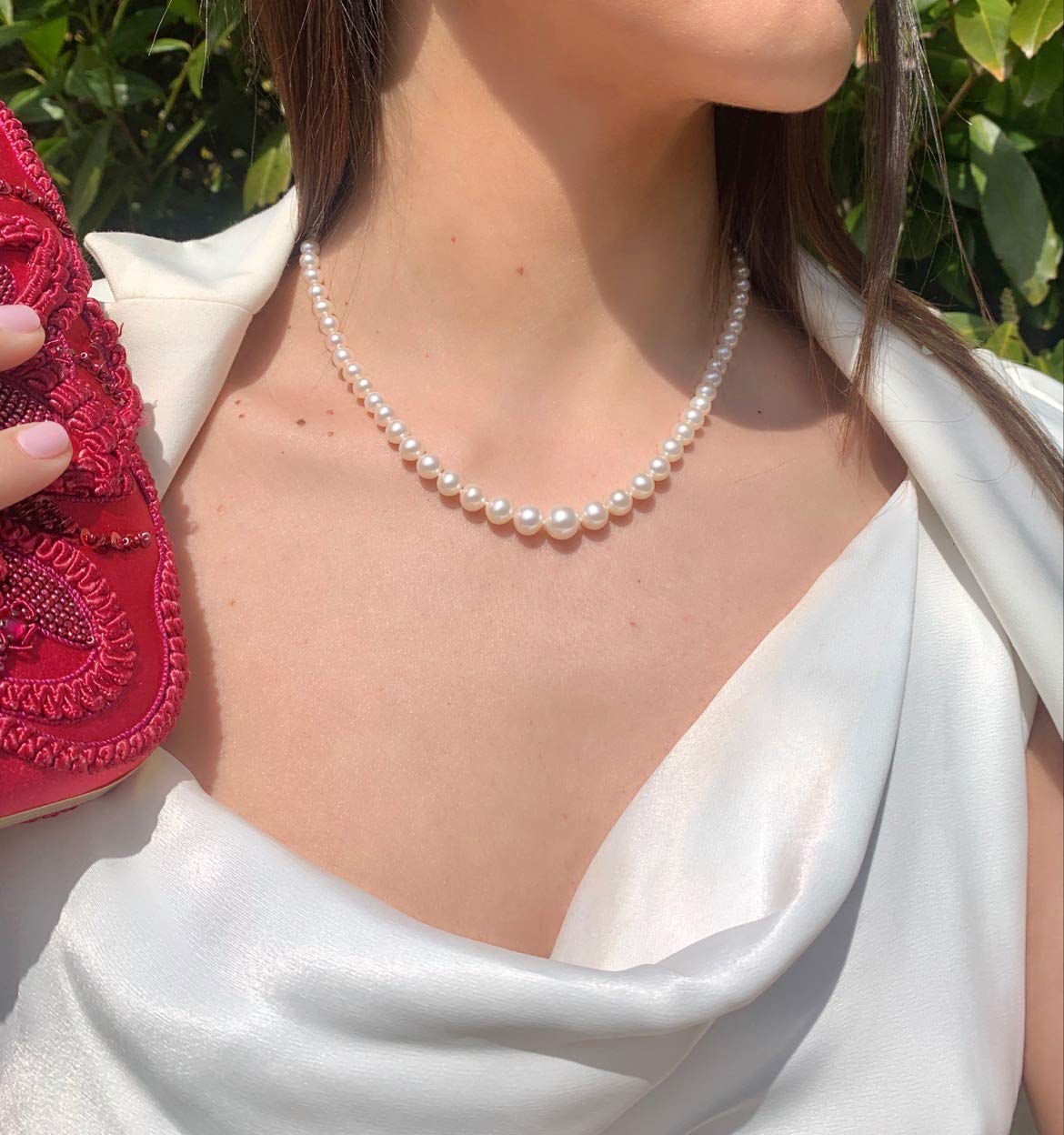 14K White Gold & Round White Freshwater Cultured Pearl 4mm-9mm Graduated 18" Strand Princess Choker Necklace with Fishhook Clasp