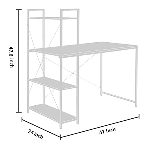 Coral Flower Tower Computer Desk with 4 Tier Shelves - 47'' Multi Level Writing Study Table with Bookshelves Modern Steel Frame Wood Desk Compact Home Office Workstation ,Light Walnut