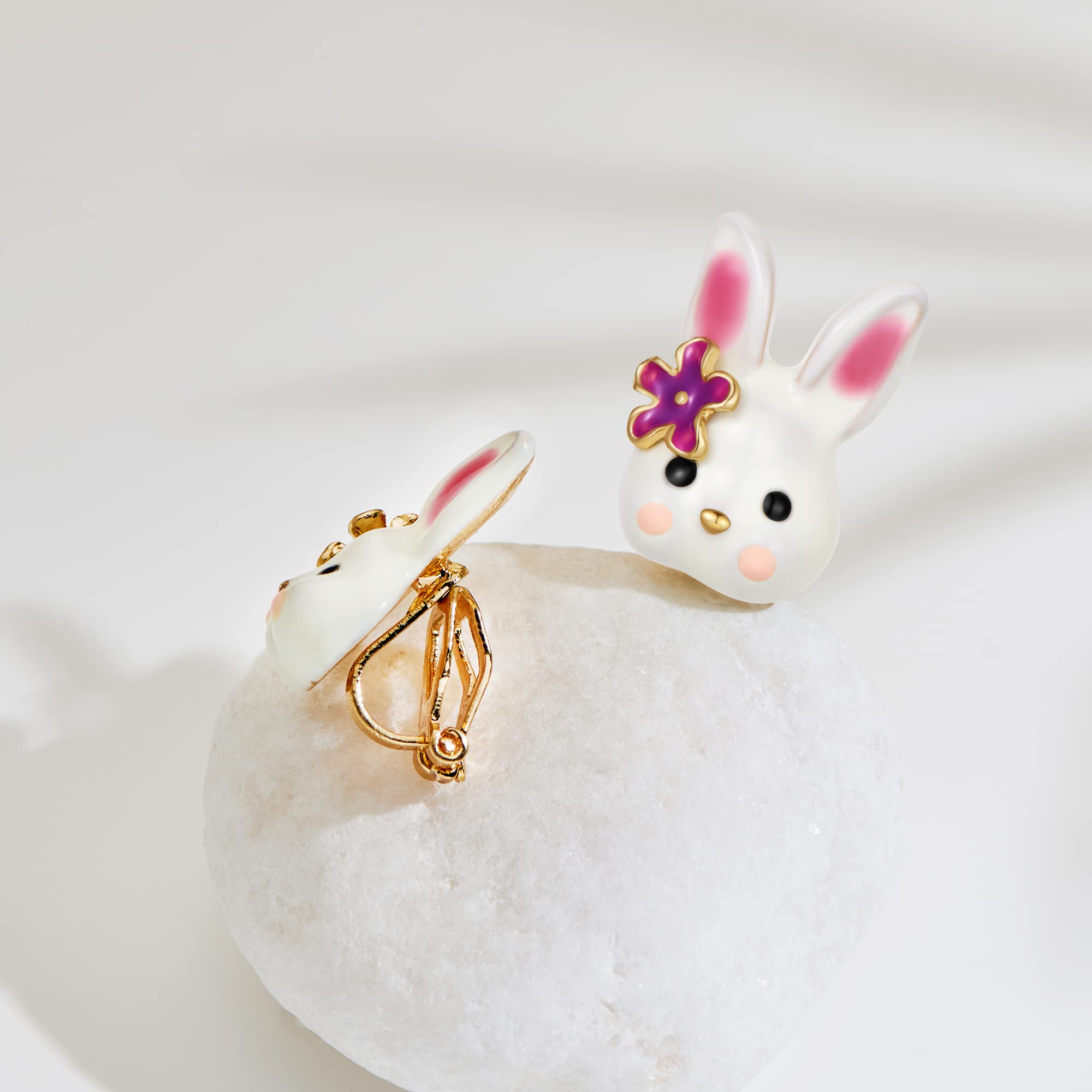 2 Pairs Cute Babbit Bunny Clip On Earrings Enamel Easter Clip Earrings for Women