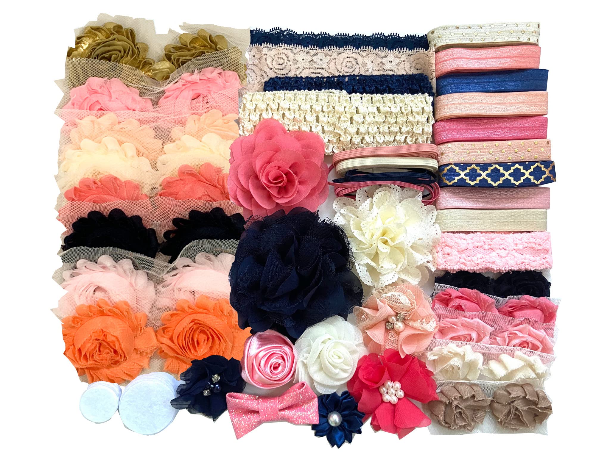 Bowtique Emilee Navy and Peach Hairband Kit - Makes 30 Headbands, Baby Shower Headband Station, DIY Headband Kit with Over 30 Flowers, Elastic, Embellishments - 1 Count