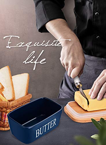 AISBUGUR Large Butter Dish with Lid Ceramics Butter Keeper Container with Knife and High- quality Silicone Sealing Butter Dishes with Covers Good Kitchen Gift Blue