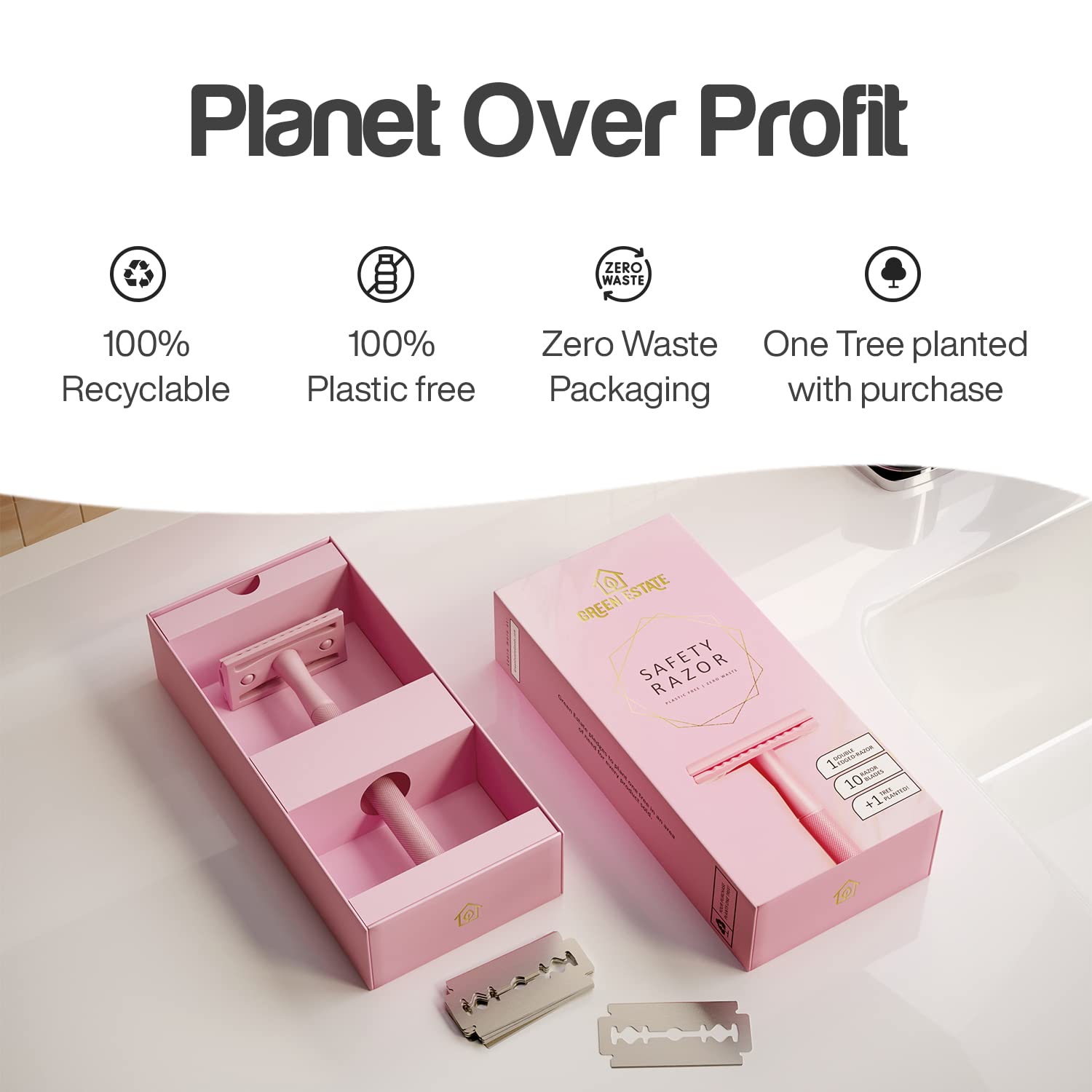 Double Edge Safety Razor for Women, Safety Razor with 10 Blades, Women Razor, Fits All Double Edge Razor Blades, Plastic Free (Pink)