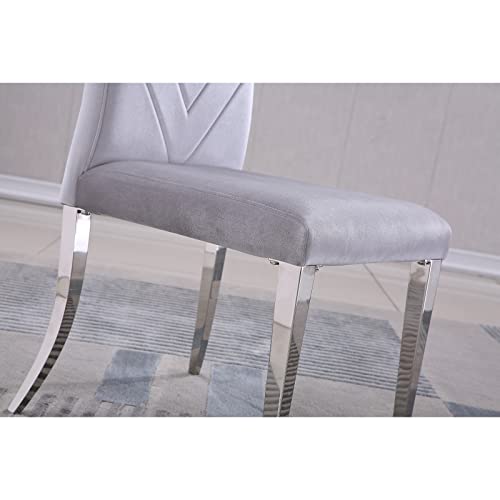 AZhome Dining Chairs - Set of 2 Silver Gray Velvet Upholstered Chairs with Elegant V-Shaped Texture & Rolled Back, Silver Stainless Steel Legs