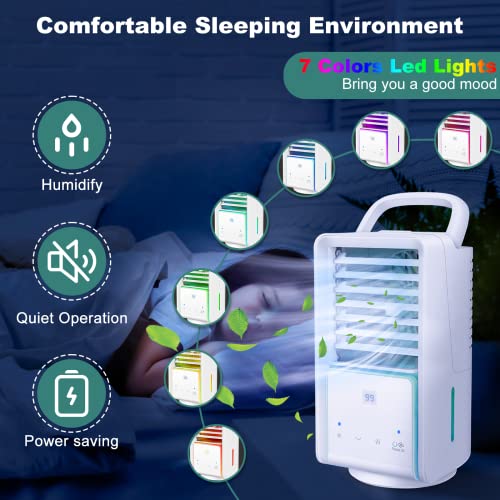 Ancokio Personal Air Cooler, 4 in 1 Personal Desktop Cooling Fan 3 Speeds 7 Colors Light, Evaporative Portable Air Conditioner with White 11.14 x 6.89 x 6.57 inches