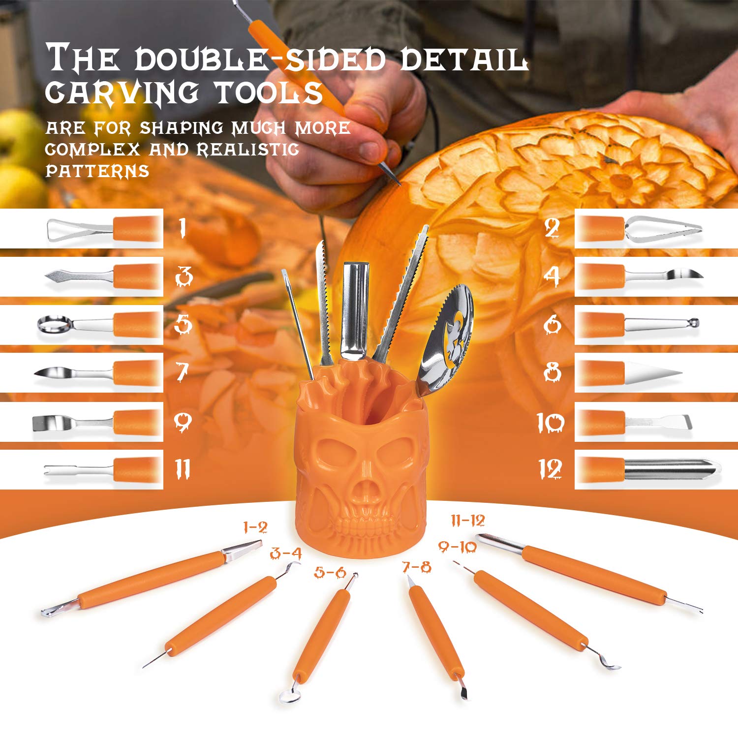 Halloween Pumpkin Carving Kit,Jack-O-Lanterns 11 Piece Professional Pumpkin Cutting Carving Tools Stainless Steel Lengthening and Thickening Pumpkin Carving Set