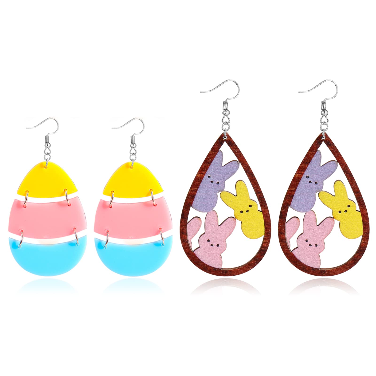 2 Pairs Easter Dangle Earrings for Womens Wooden Easter Bunny Earrings Colorful Easter Egg Dangle Drop Earrings Easter Rabbit Earrings Holiday Earrings Easter Jewelry（2）