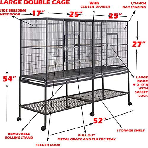 54" Large Double Breeding Flight Bird Wrought Iron Double Parrot Bird Cage Slide Out Center Divider Side Nesting Doors Cockatiel Conure Removalbe Rolling Stand
