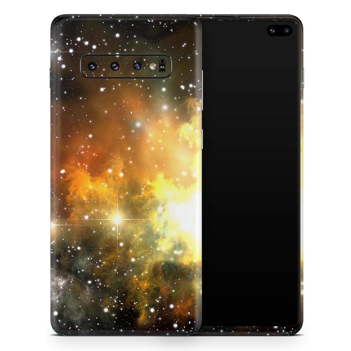 DesignSkinz Glowing Gold & Black Nebula | Protective Vinyl Decal Wrap Skin Cover Compatible with The Samsung Galaxy S10e (Full-Body, Screen Trim & Back Glass Skin)