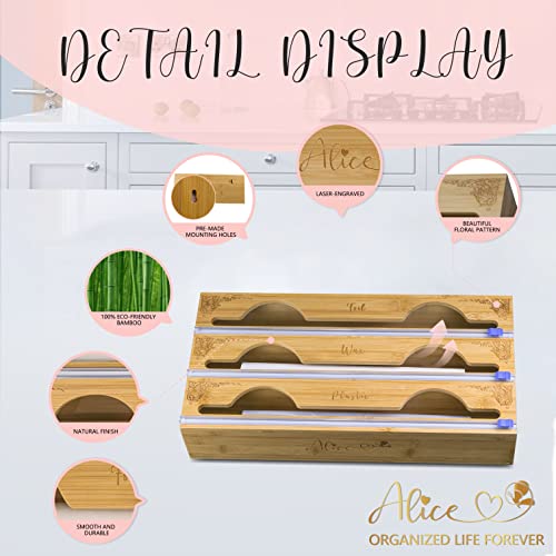 Alice 3-in-1 Foil and Plastic Wrap Organizer with Cutter | Compatible with Plastic Wrap, Aluminum Foil, and Wax Paper | Nature Bamboo Wrap Dispenser for Kitchen Storage Organization for 15 1/4" Roll