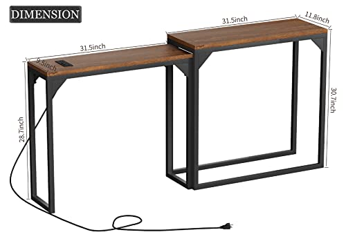 AISUNDY Console Table with Power Outlet & USB Ports, 63 Inch Narrow Long Sofa Table Set, Rustic Entryway Table Behind Sofa Couch, Industrial Vintage Hallway Table Nesting Side Table, Set of 2