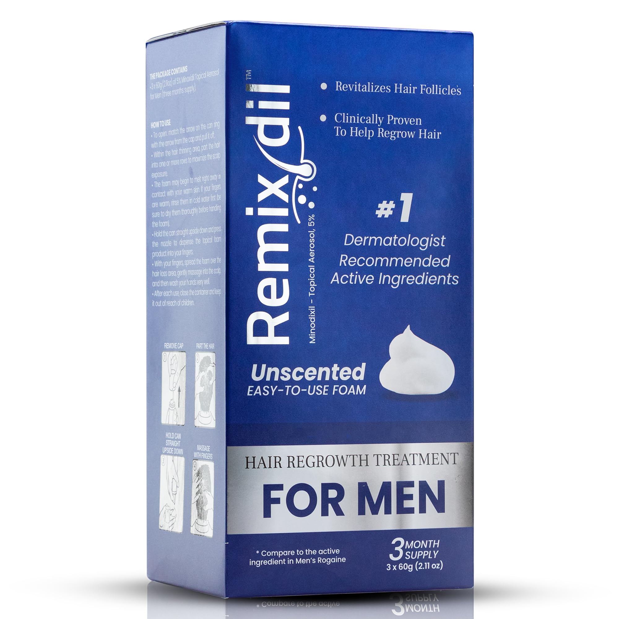 Remixidil Men’s 5% Minoxidil Foam | Hair Regrowth Treatment for Men | Clinically Proven Formula for Hair Loss and Hair Growth | Glycerin Based Formula - No Scalp Irritation| 3-Month Supply