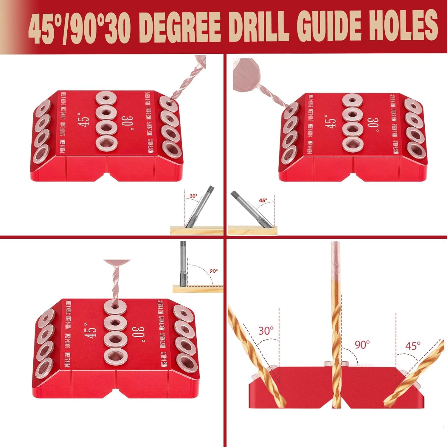 30 45 90° Angle Drill Guide Jig with 4 Size Bits, Durable All-Metal Drilling Jig for Drilling Straight and Angled Holes, for Cable Railing Lag Screw Kit Wood Post,Railing Deck Stair Handrail (5 Pcs)