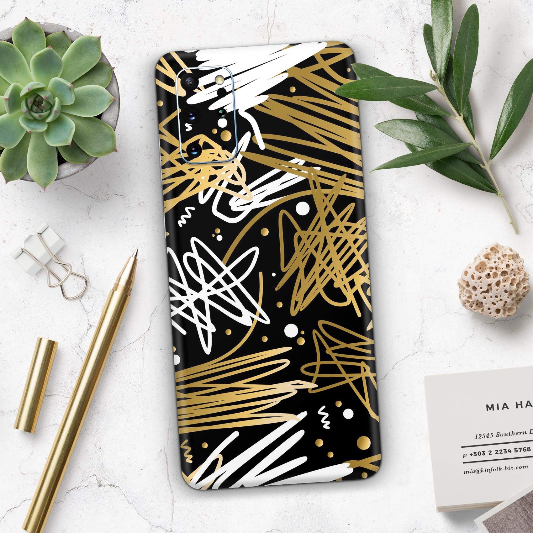 DesignSkinz Gold and Black Squiggly Protective Vinyl Decal Wrap Skin Cover Compatible with The Samsung Galaxy S20 (Screen Trim & Back Glass Skin)
