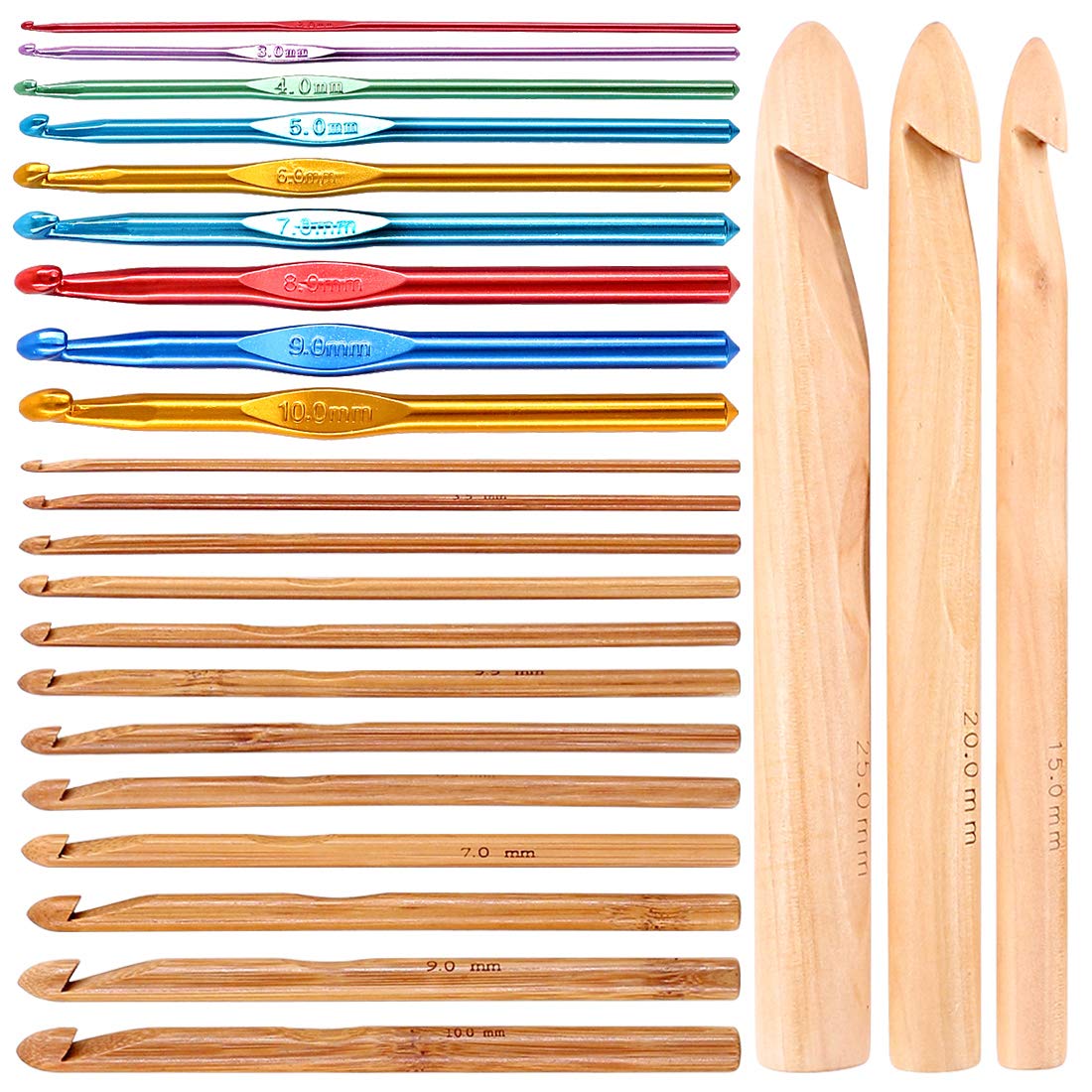 24Pcs Crochet Hooks Kit, Including 3mm-25mm 15Pcs Assorted Sizes Wooden Bamboo Crochet Hooks and 9Pcs Multi-Coloured Aluminum 2mm-10mm Handle Crochet Hooks for Handcrafted Knitting Needles