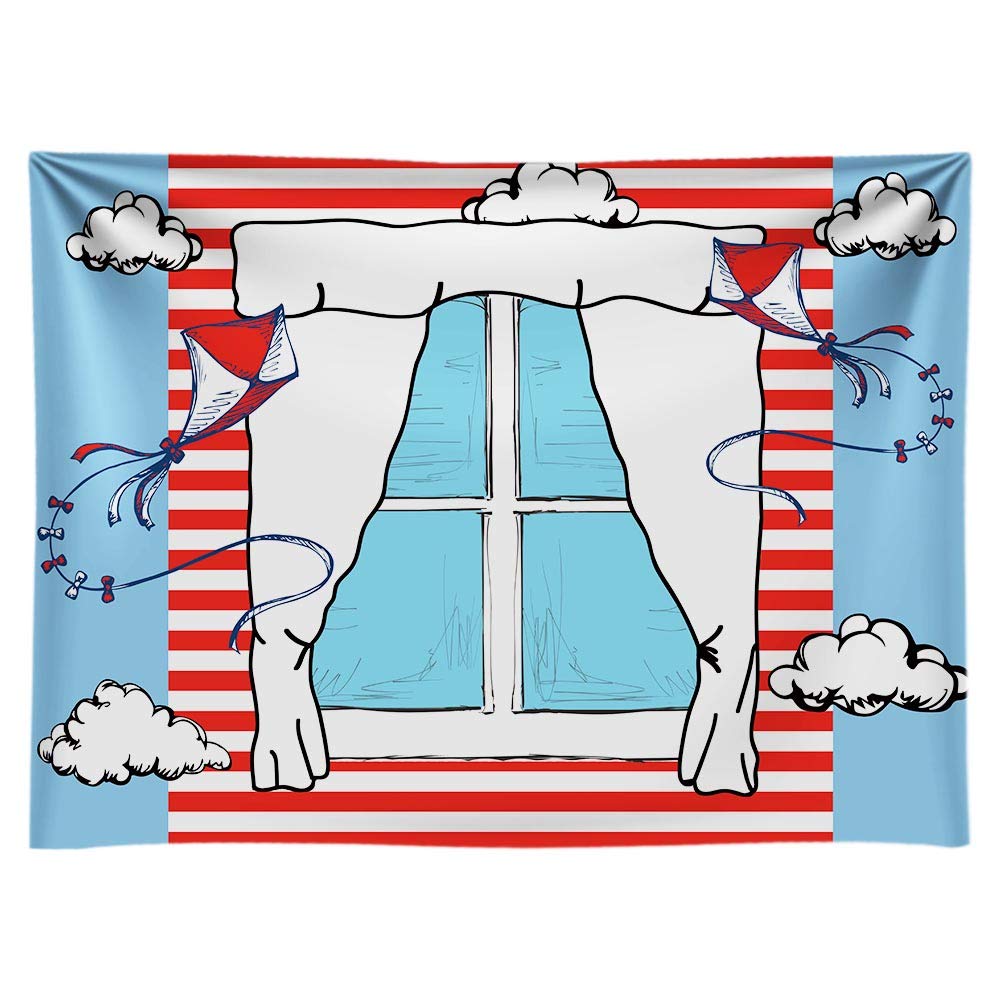 Funnytree 8x6FT Durable Fabric Cartoon Window Kite Photography Backdrop Red White Stripes Background Kid Baby Shower Birthday Party Decoration Banner Supplies Favors Photo Booth Washable