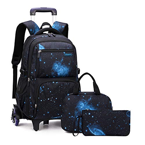 Boys Rolling Backpacks Kids'Luggage Wheeled Backpack for School Boys Trolley Bags Space-Galaxy Durable Bookbag with Lunch Bag