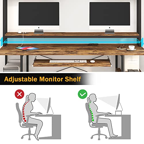 55" Computer Desk with Power Outlet & USB Ports, Reversible Desk with Hutch Shelves Keyboard Tray Monitor Shelf, Home Office Desk Gaming Desk, Study Writing Workstation, Easy Assembly, Rustic Brown