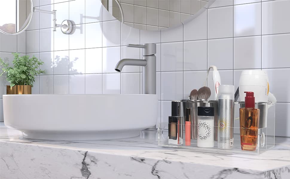 A & R Hair Tool Organizer, Clear Acrylic Blow Dryer Holder, Hair Dryer Organizer for Countertop, Bathroom & Vanity with 3 Heatproof Steel Cups