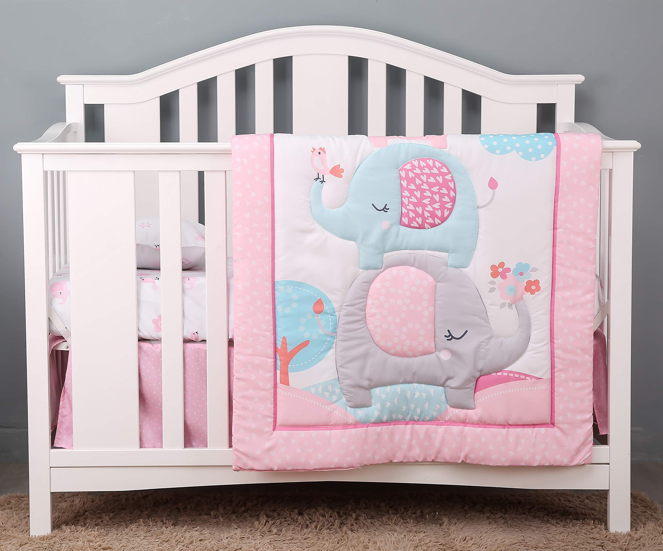 Brandream Pink Gray Elephant Crib Bedding Sets for Baby Girls | Nursery Set with Exotic Floral Design, 6 Pieces