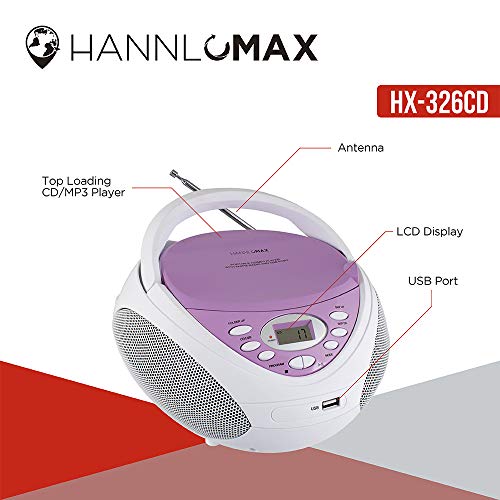 HANNLOMAX HX-326CD Portable CD/MP3 Boombox, AM/FM Radio, USB Port for MP3 Playback, Aux-in, LCD Display, AC/DC Dual Power Source. (White)