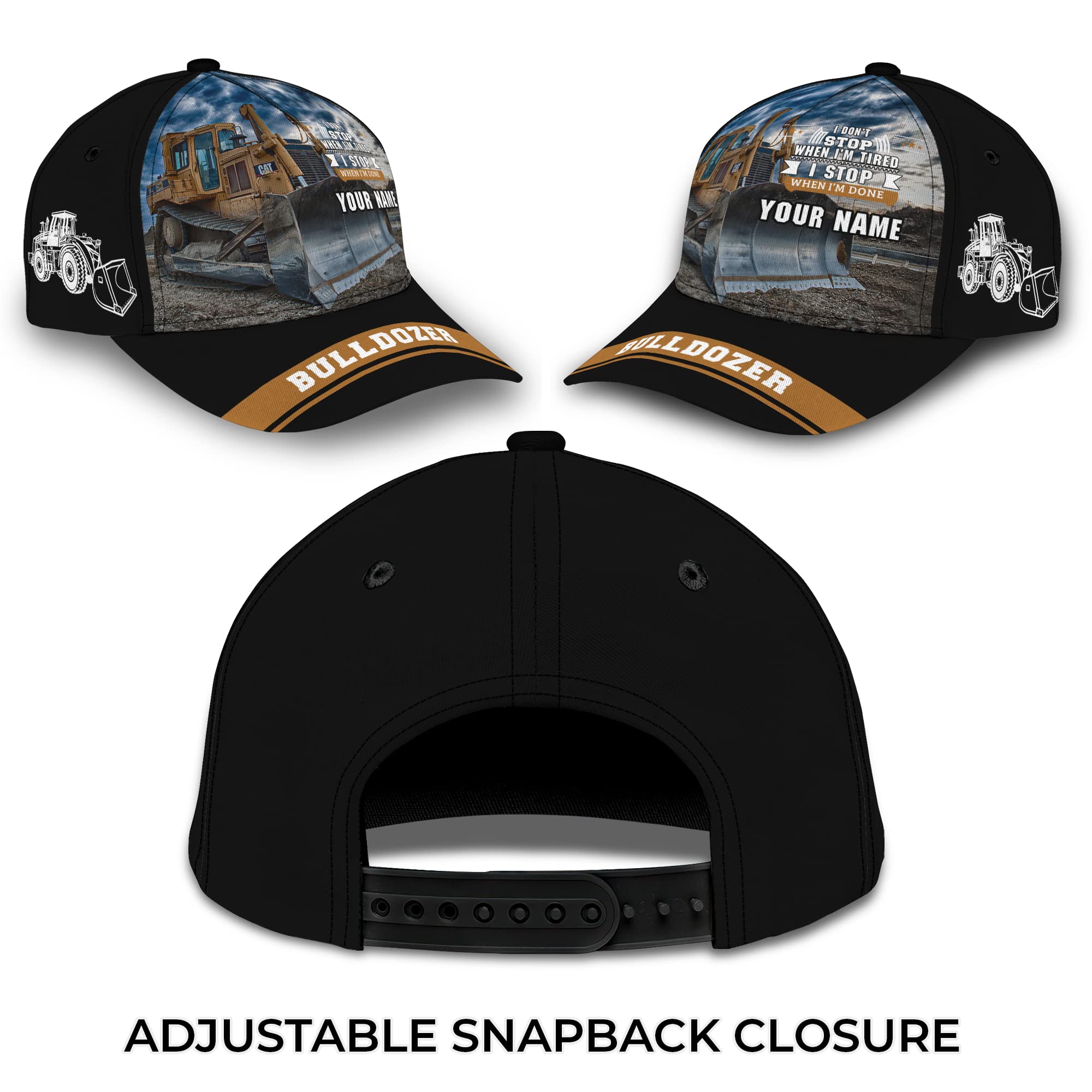 3D Printing Personalized Caterpillar Bulldozer Snapback Cap Dozer Headwear for Men Multicolor