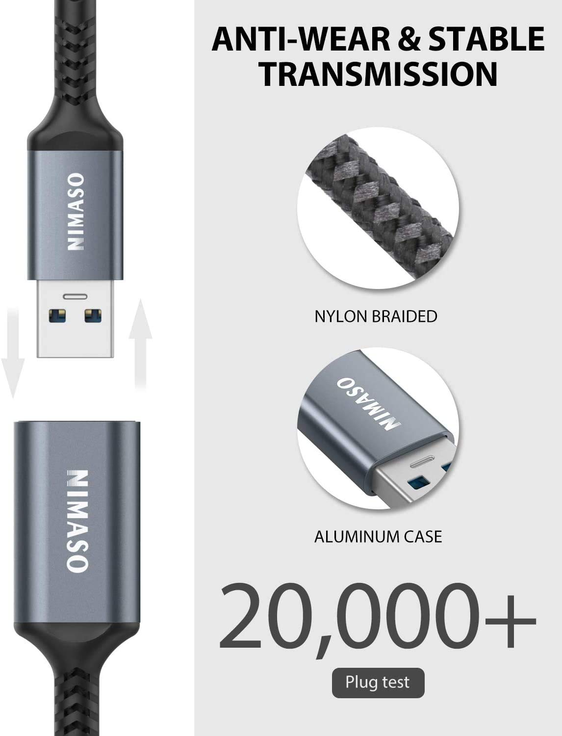 2 Pack 3.3FT + 6.6FT USB 3.0 Extension Cable, NIMASO USB A Male to Female Extension Cord Durable Material Fast Data Transfer Compatible with Printer, USB Keyboard, Flash Drive, Hard Drive, Playstation