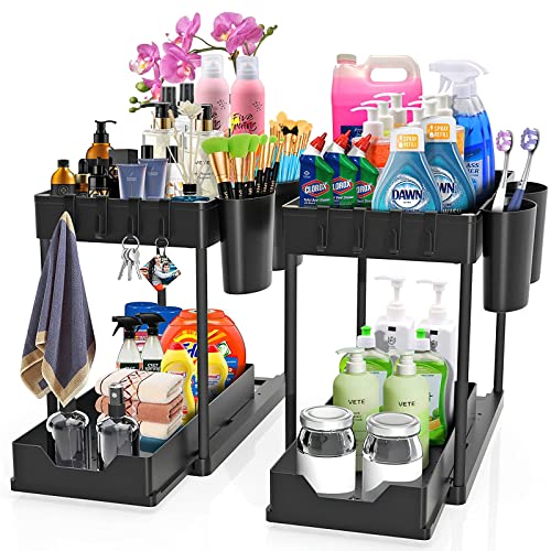 2 Pcs 2-Tier Under Sink Organizers and Storage with Bottom Pull Out Drawers, Towels Hooks and Hanging Cups, Bathroom/Kitchen Multipurpose Miscellaneous Supplies Organization And Storage Rack