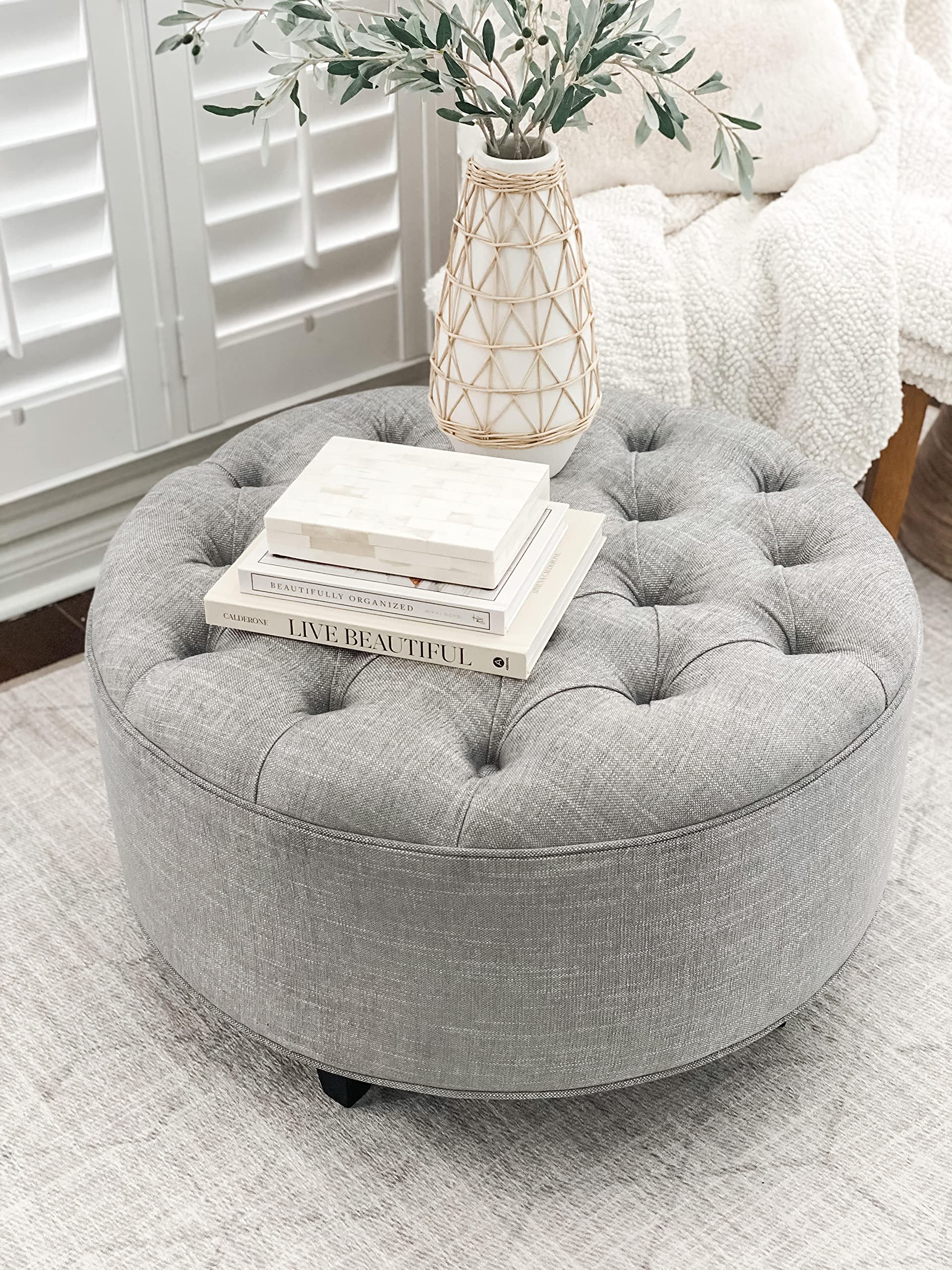 30 Inch Grey Linen, Round Tufted Coffee Table Ottoman