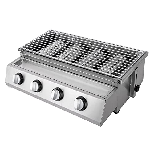 4 Burner Outdoor Tabletop Propane Gas Grill, Portable BBQ Grills Smokeless Griddle Barbecue Grill Table, Stainless Steel Grill