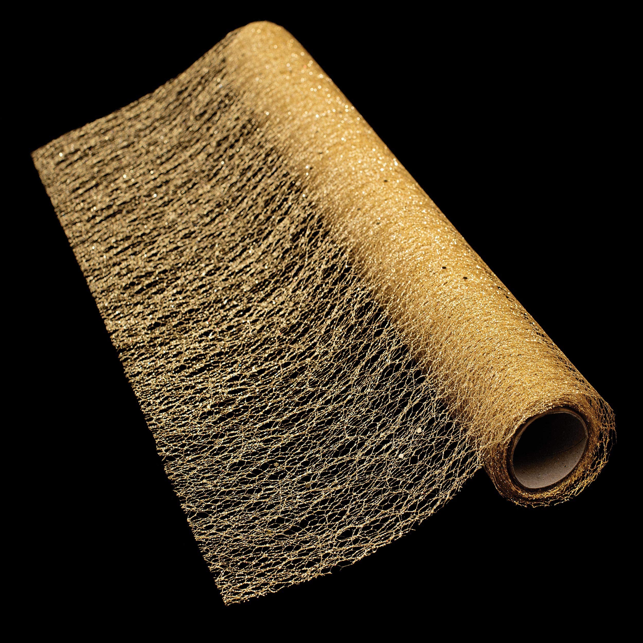 Anderson's Gold Glitter Mesh Fabric Roll, 19 Inches x 5 Yards, Decorative Wedding Fabric for Wedding Reception, Baby Shower, Gender Reveal, Prom, Homecoming, Tables, Party