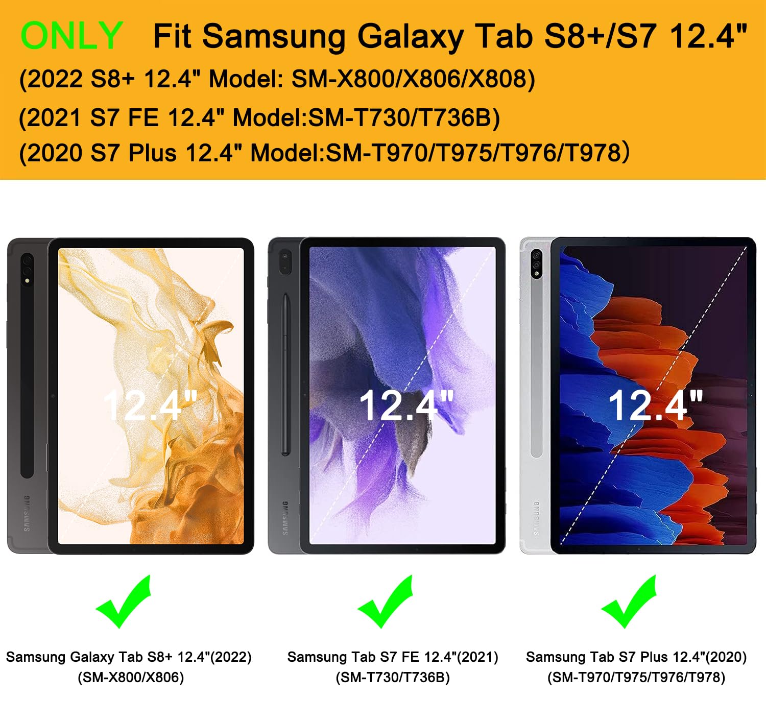 Soke Galaxy Tab S8+/S7 FE/S7 Plus Case with S Pen Holder [SM-X800/X806/T730/T736B/T970/T975] - Shockproof Stand Folio Case for Samsung Tab S8+ 2022/S7 FE 2021/S7 Plus 2020 12.4" Tablet,Black