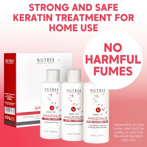 Brazilian Keratin Smoothing Blowout System for Dry, Damaged Hair - Formaldehyde-Free Three-Step Protein Treatment (Shampoo, Conditioner, 2.02 Fl Oz Each)