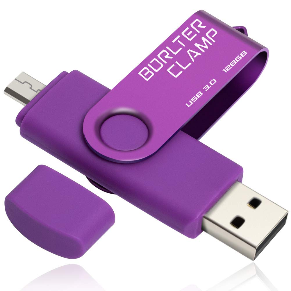 BorlterClamp 128GB USB 3.0 Flash Drive Dual Port Memory Stick, OTG Thumb Drive with Micro USB Drive Port for Android Smartphone Tablet & Computer (Purple)