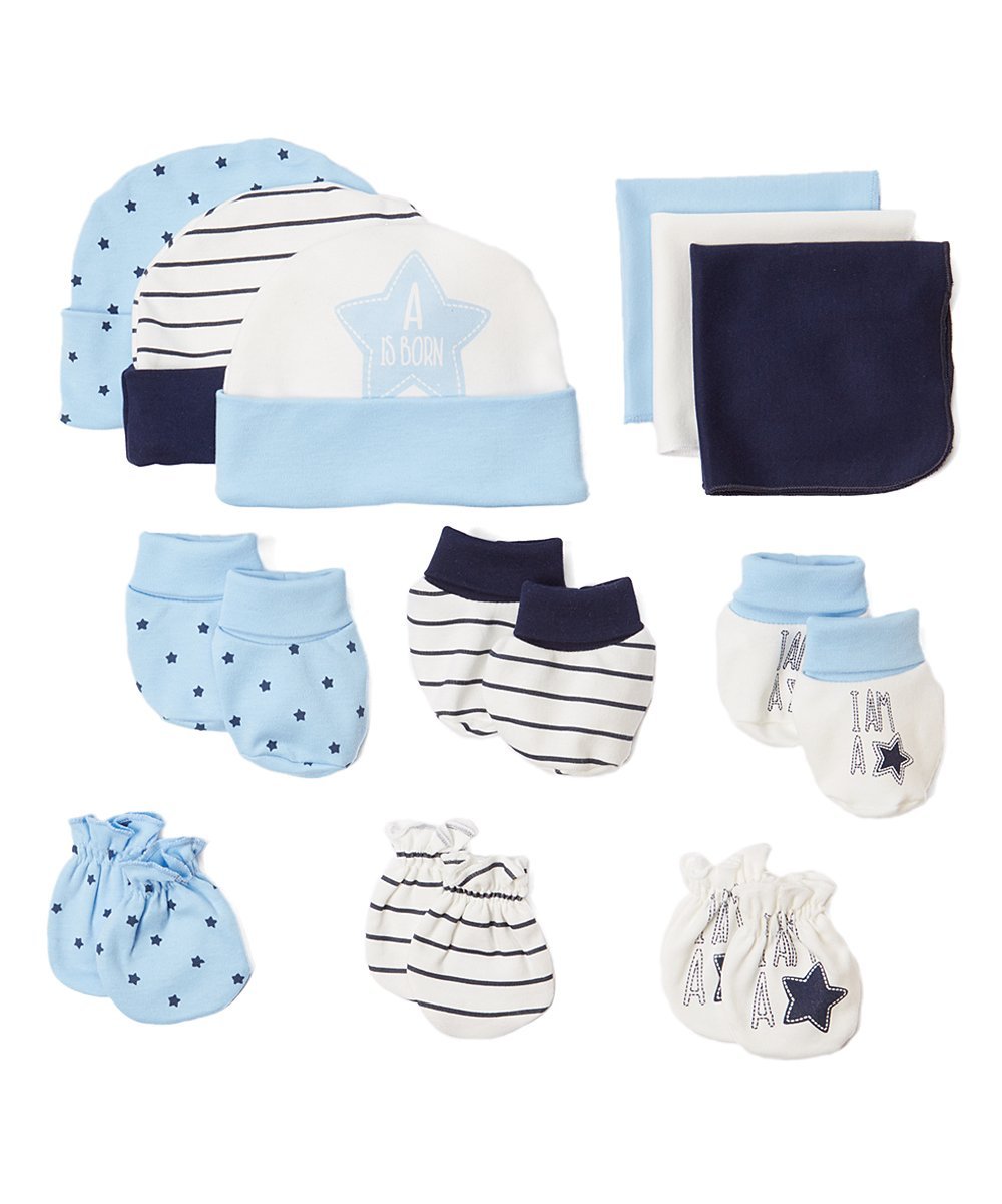 BornCare 12 Piece Baby Gift Set, Blue, Baby Boy Girl Shower Gift Set (3 pairs each beanies, washcloths, booties, mittens), 0 - 6 Months