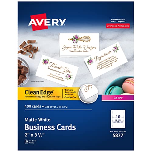 Avery Clean Edge Printable Business Cards with Sure Feed Technology, 2" x 3.5", White, 400 Blank Cards for Laser Printers (5877)